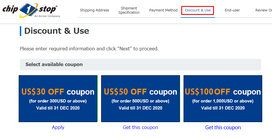 US$260 Coupons available for you!｜CHIP1STOP – 电子元器件、半导体的销售网站